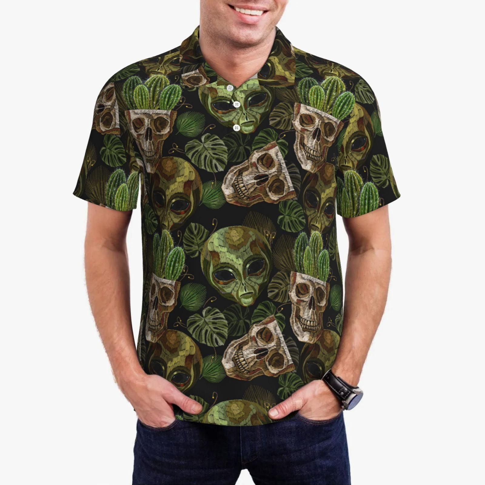 Polo Shirts for Men - skull Cactus Pattern Mens Polo Shirts Short ...