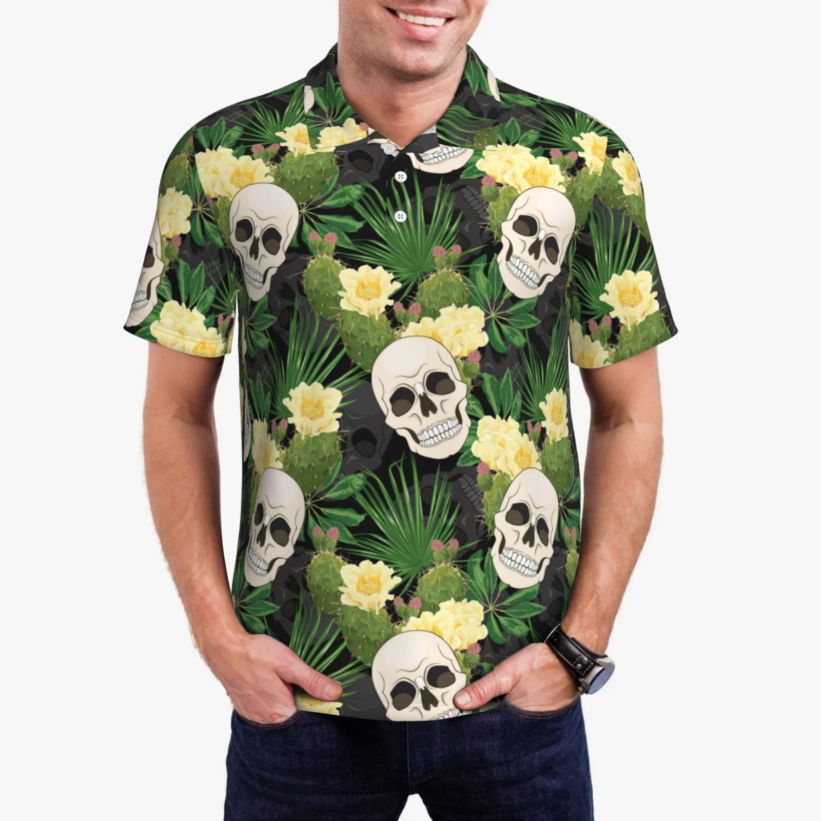 Polo Shirts for Men, skull Cactus blooming Soft Casual Mens Polo Shirts ...