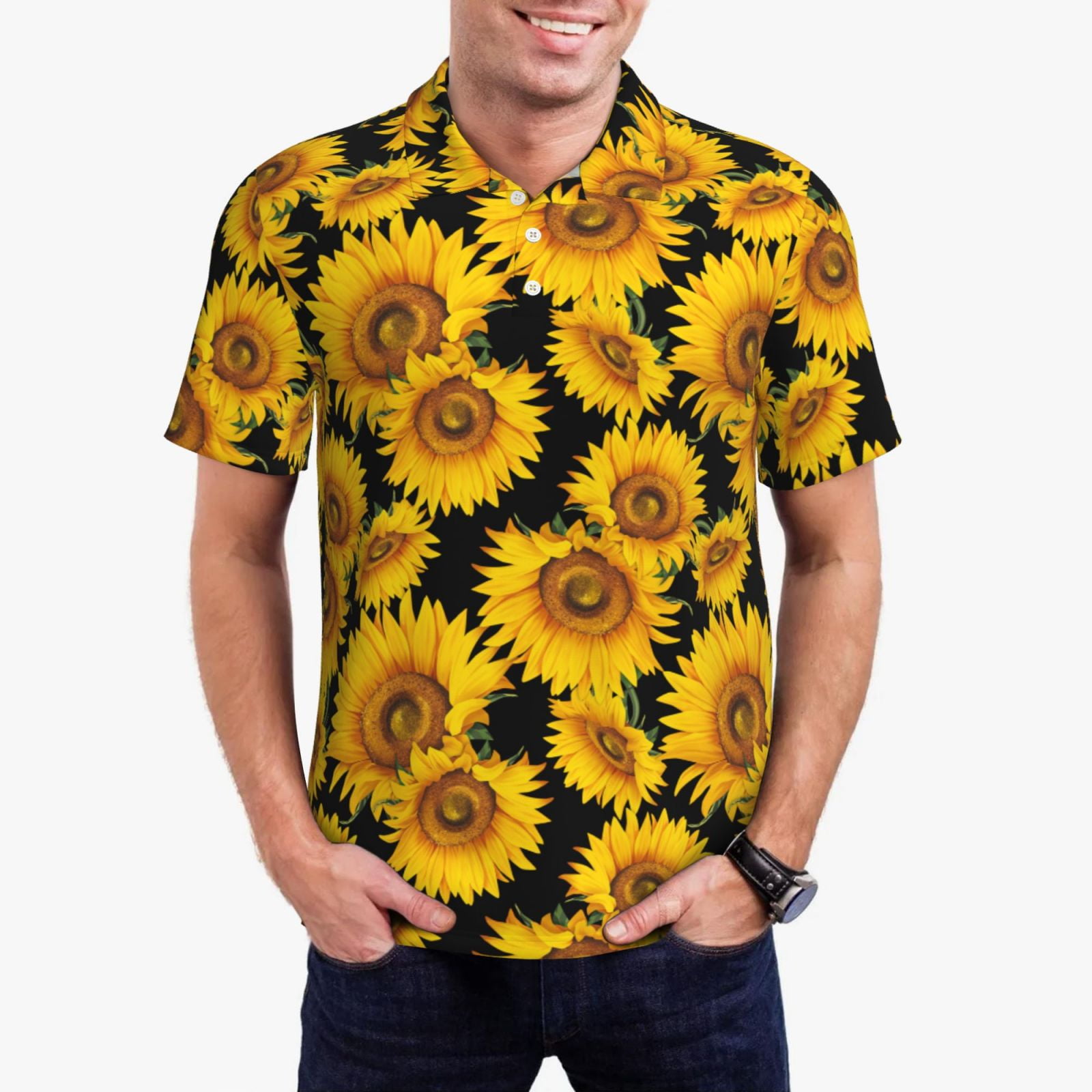 Polo Shirts for Men - sunflower floral leaf hand drawn Mens Polo Shirts ...