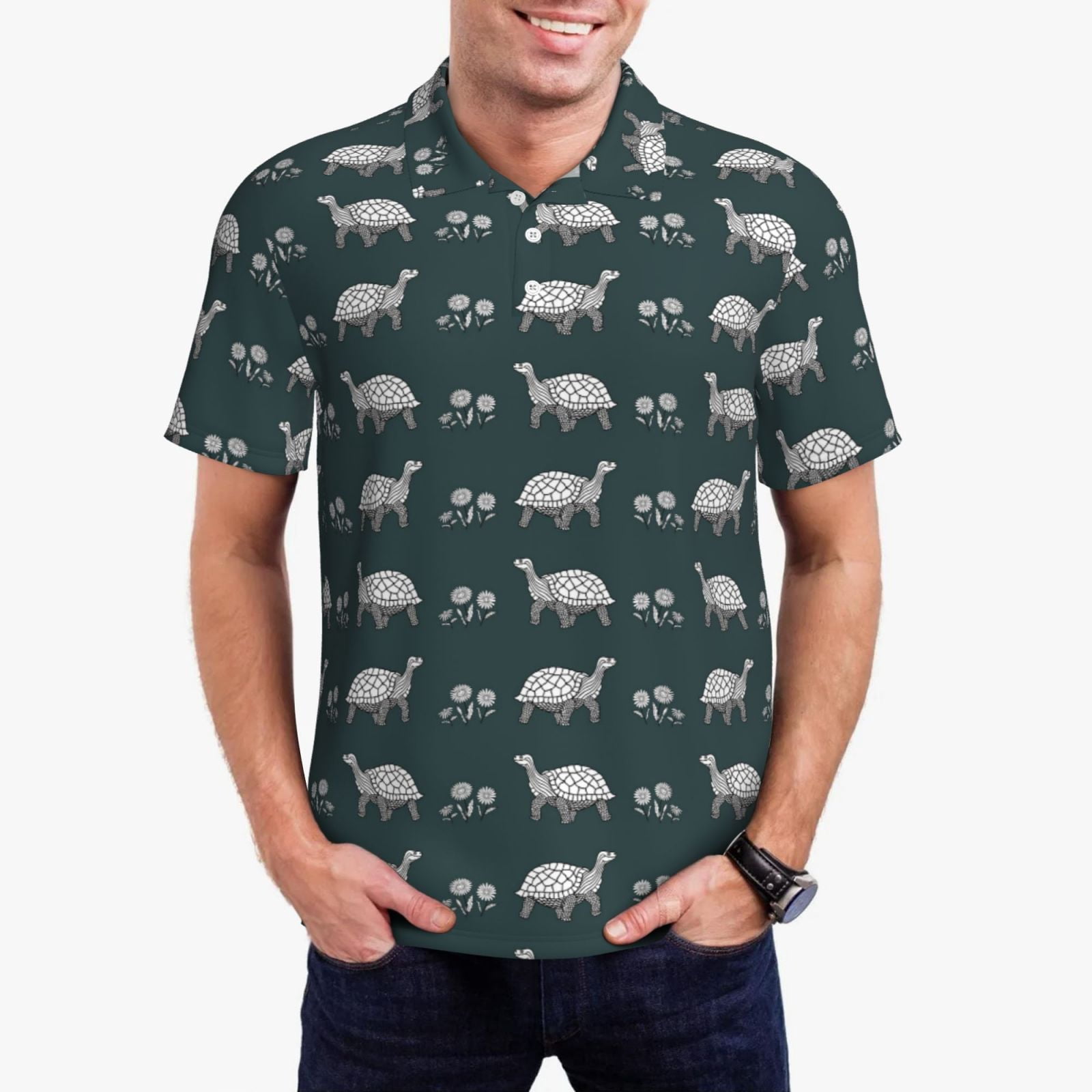 Polo Shirts for Men - turtle chrysanthemum Mens Polo Shirts Short ...