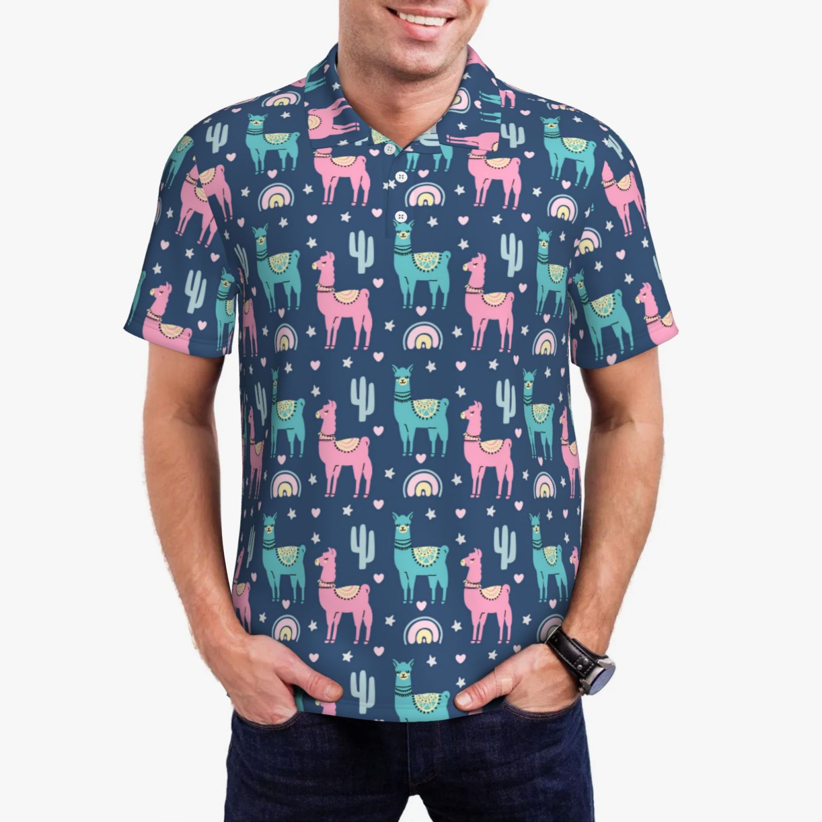 Polo Shirts for Men Сute lamas cactus rainbow navyblue Casual Mens ...