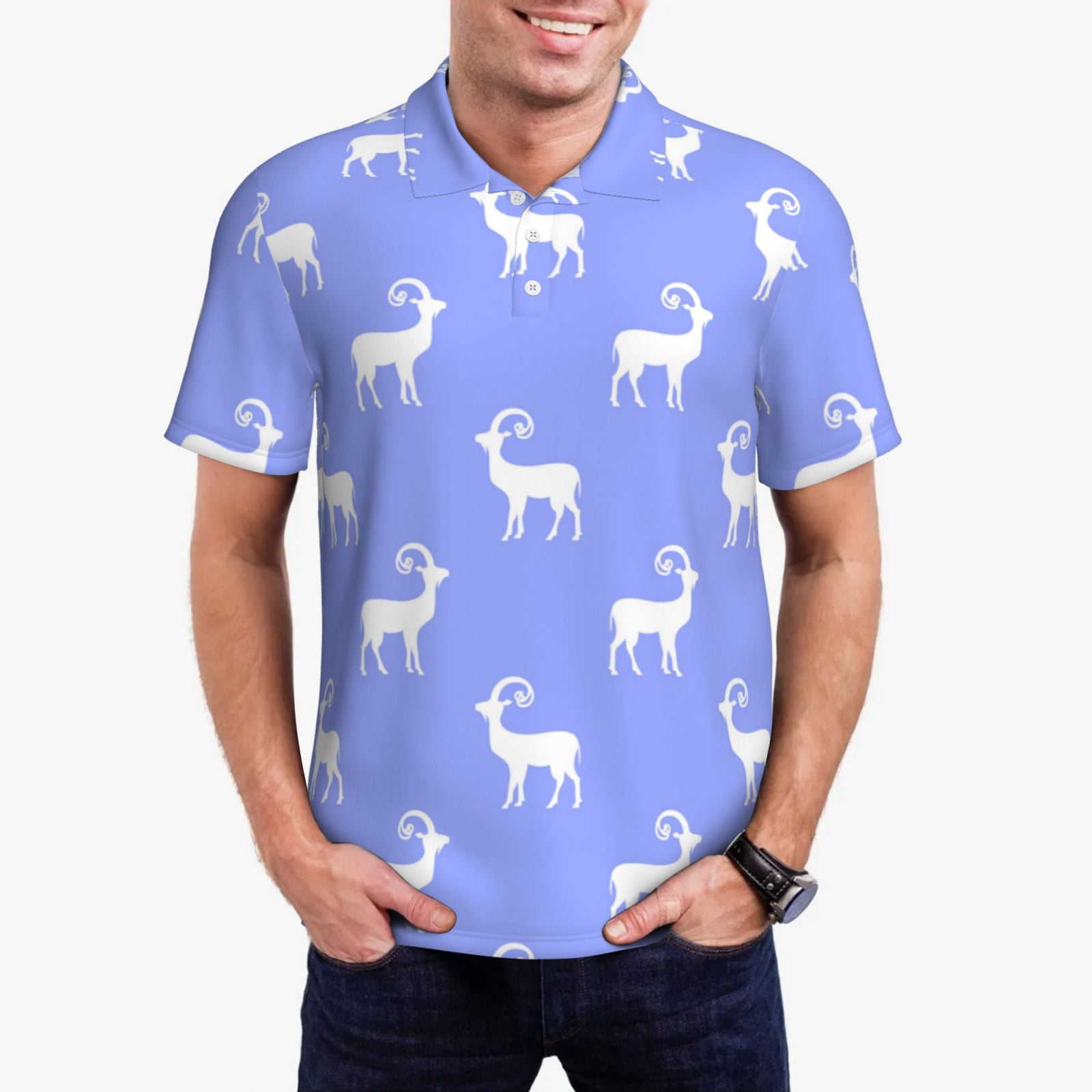 Polo Shirts for Men white Mountain Goat cute Casual Mens Short Sleeve ...