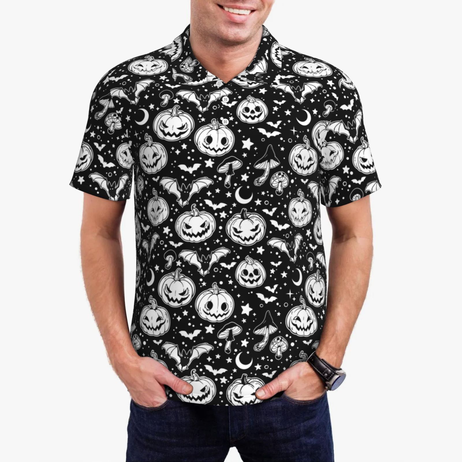 Polo Shirts for Men - white halloween pumpkin bat Classic Mens Polo ...