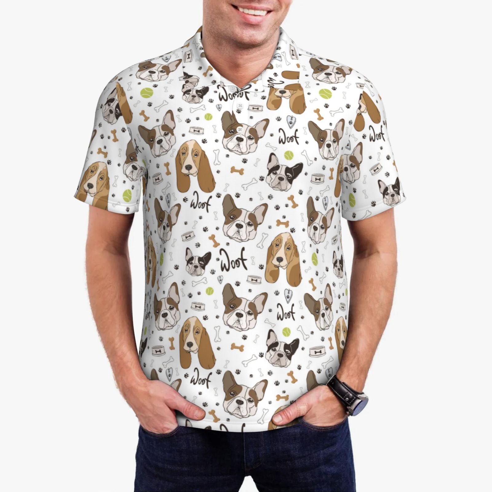 Polo Shirts for Men woof Cute Dog Puppy Casual Mens Short Sleeve Polo ...