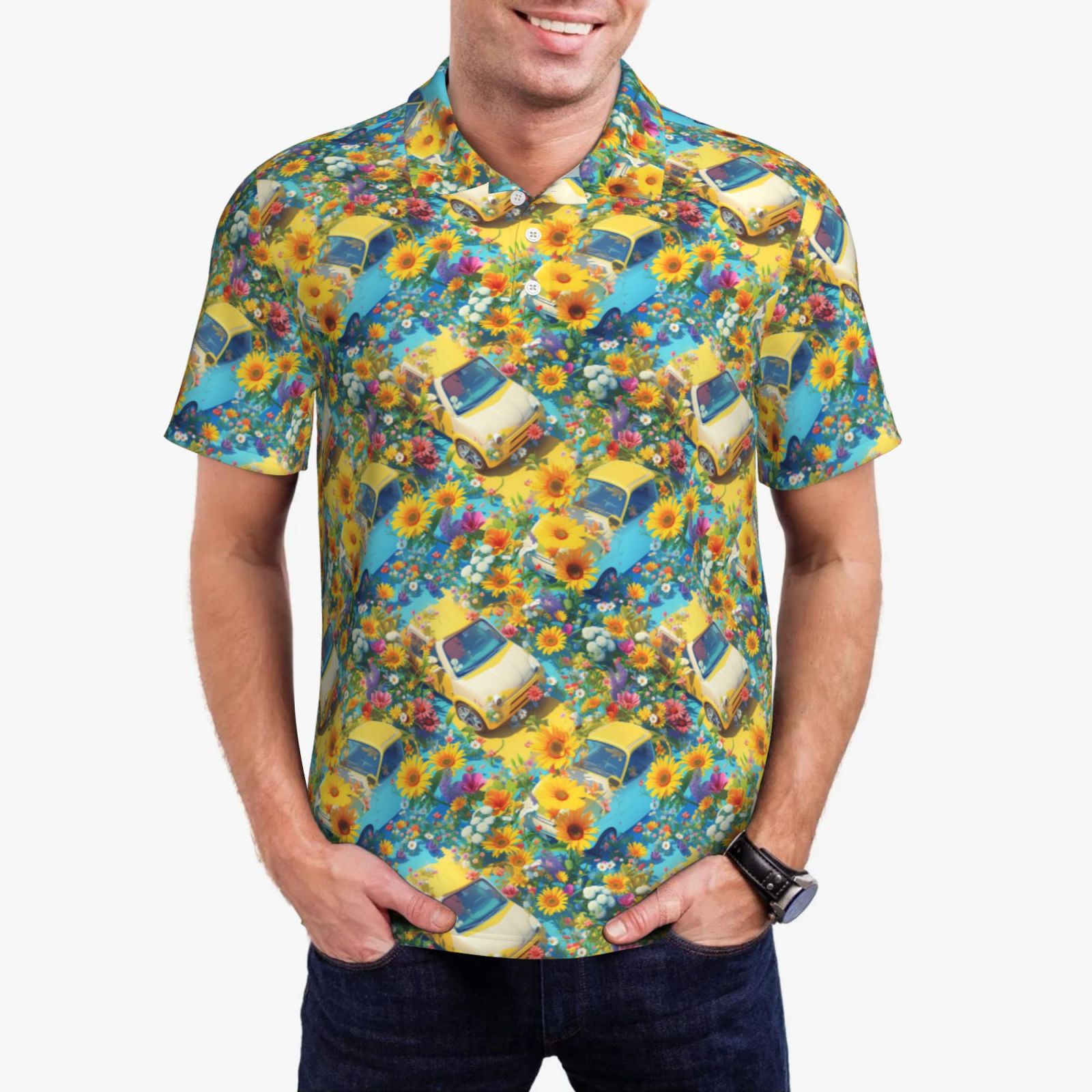 Polo Shirts for Men, yellow car colorful sunflower Cuteness Casual Mens ...