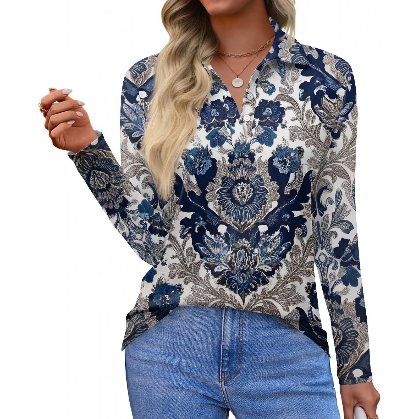 Polo Shirts for Women Long Sleeve Deep V Neck Button Down Blouse Dressy ...