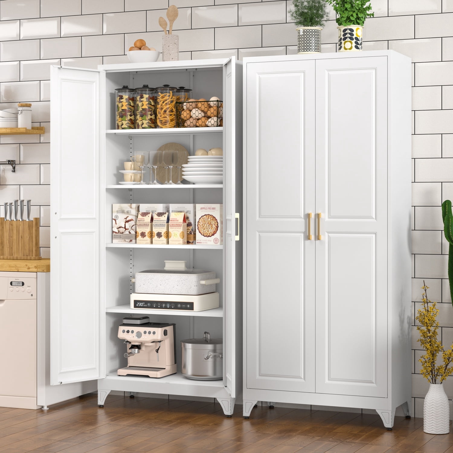 Polup 75" Height Metal White Storage Cabinet, Modern Tall Steel Pantry ...