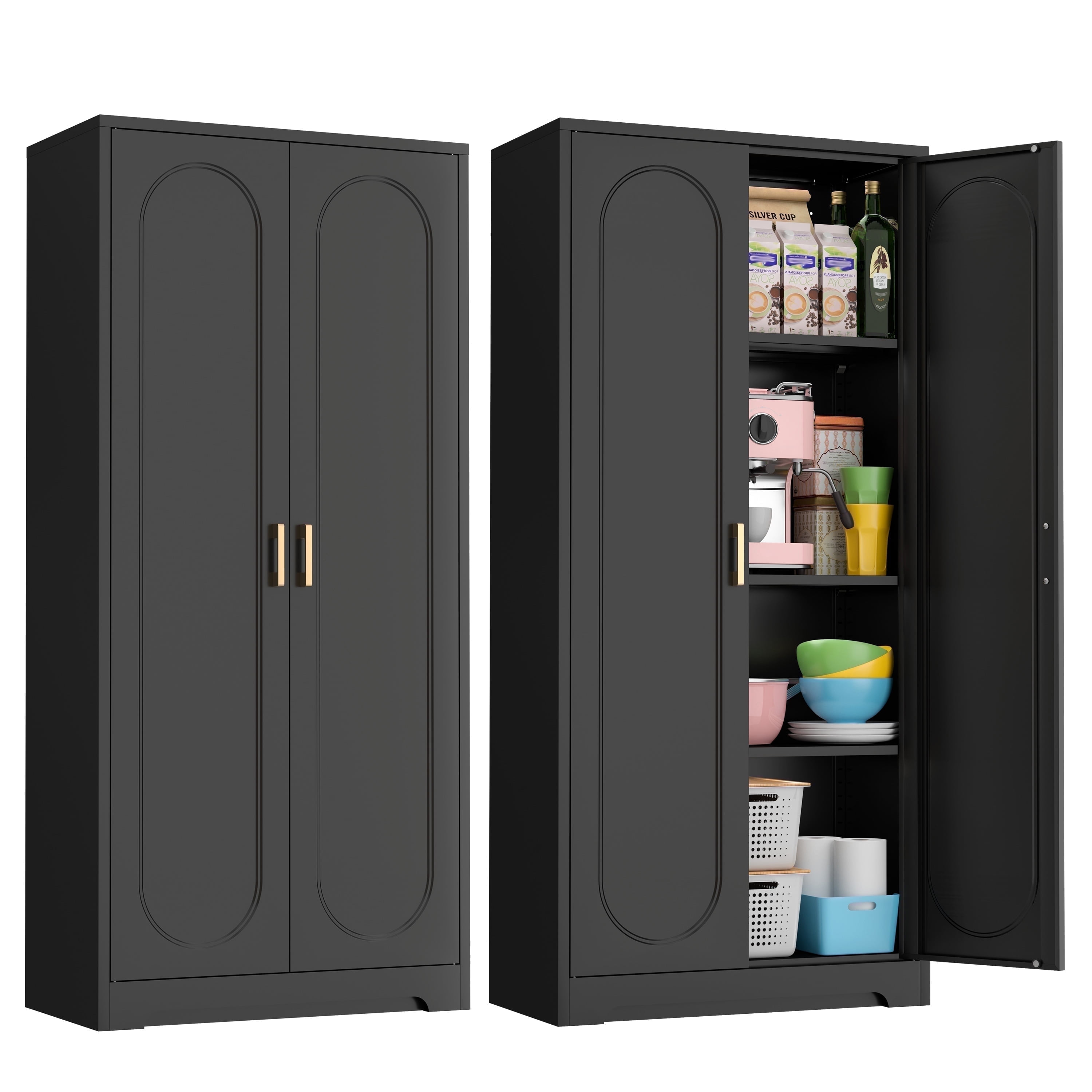 Polup Modern 60" H Black Metal Kitchen Pantry Cabinet with Doors and ...