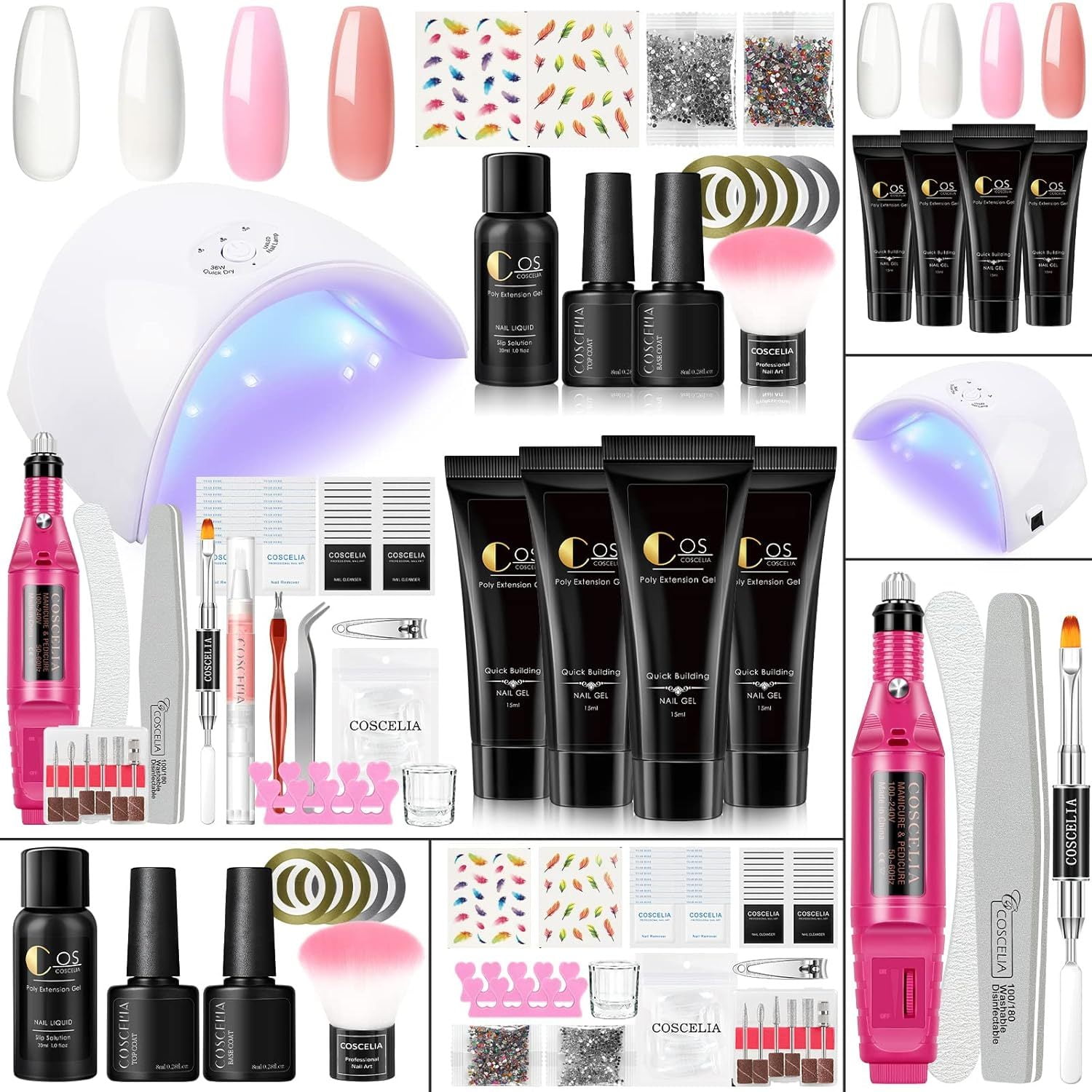 Poly Nail Gel Kit with Drill and U V Light 4pcs Poly Nail Extension Gel ...