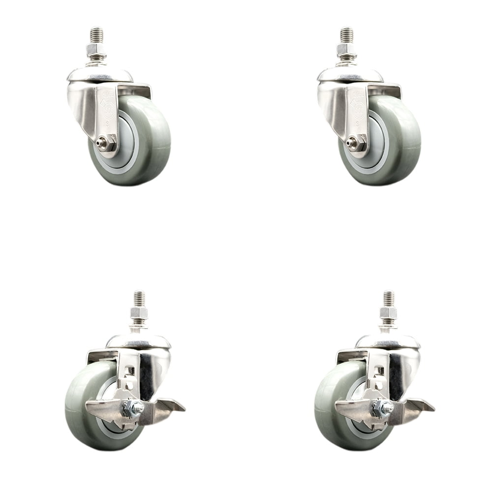 3.5 Inch 316SS Gray Polyurethane Swivel 10mm Stem Caster Set 2 Brake ...