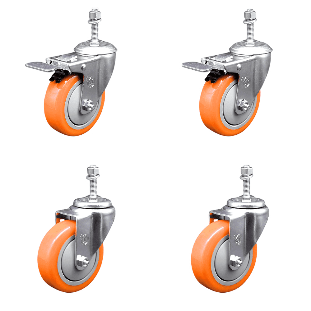 Poly Swivel Stem Caster Set of 4 with 4 Inch Orange Caster Wheels - 3/8 ...