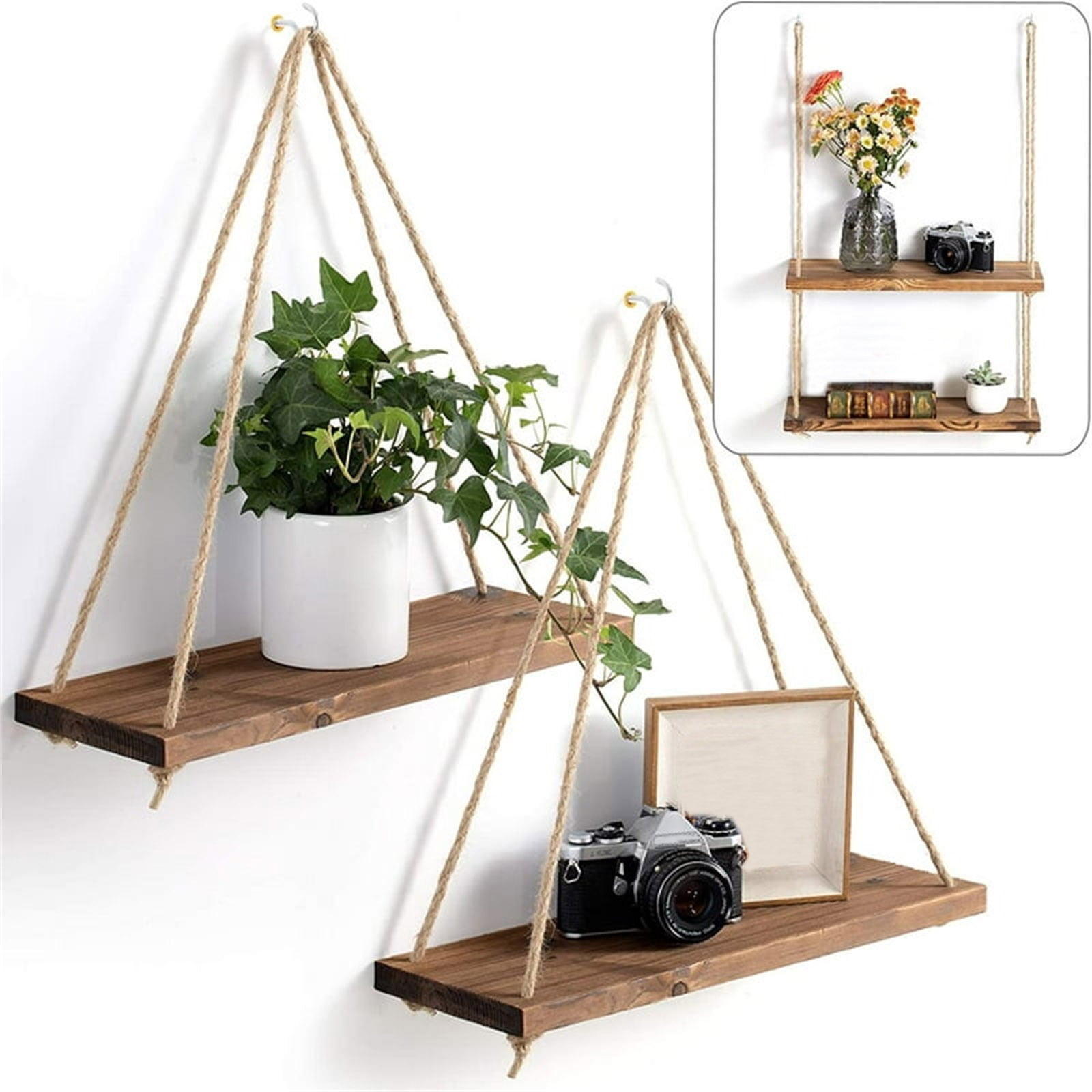 Polychor 3-Tier Wooden Swing Shelf with Cotton Rope, Wall-Mounted ...