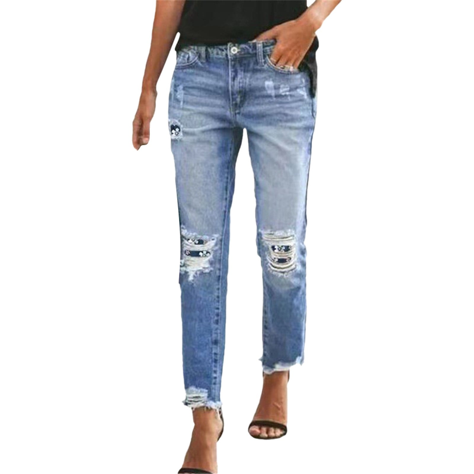 Polyester Ankle-Length Plaid Jean Pants for Women Blue Flower ...