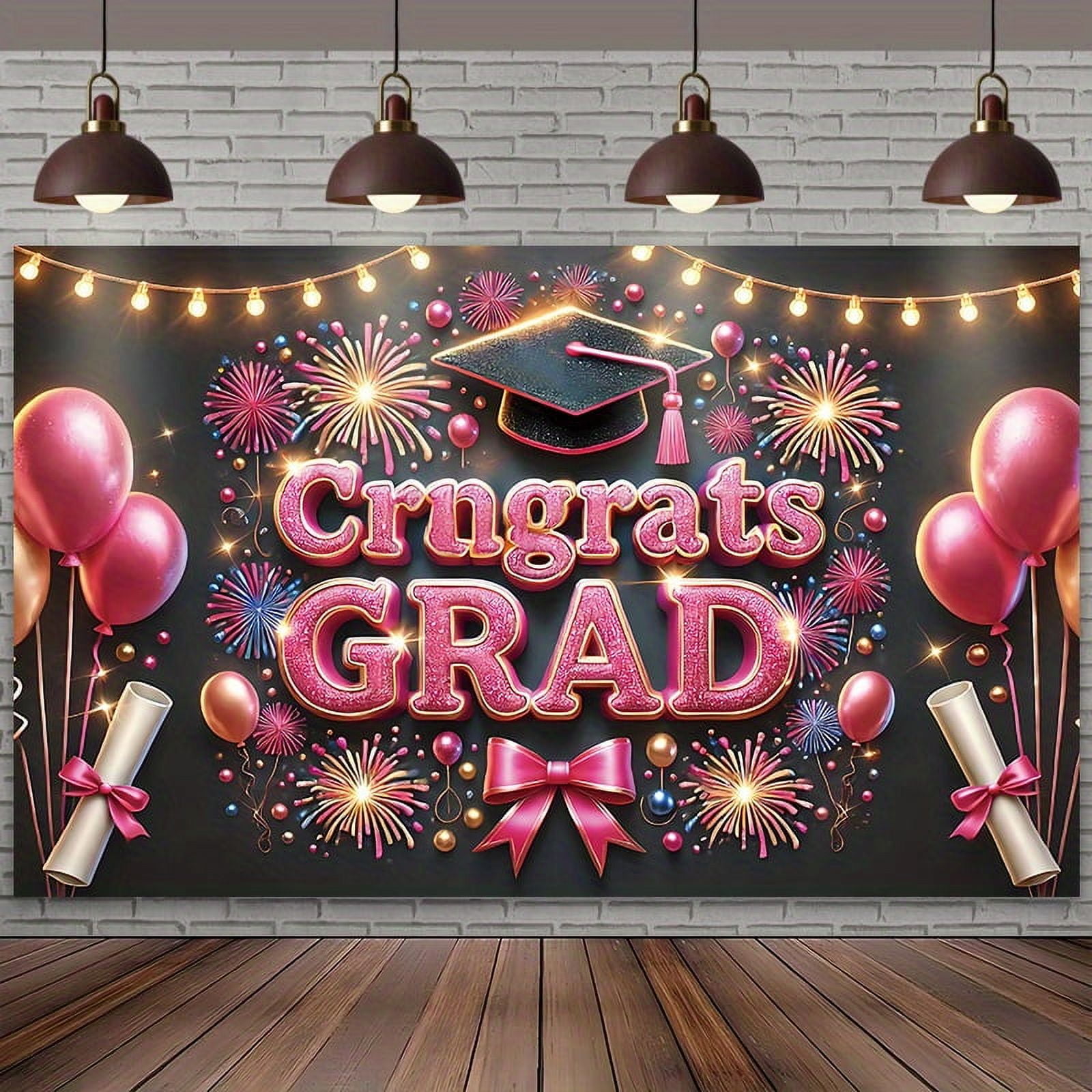 Polyester Backdrop Featuring 2D Flags And Pink Decorations, Ideal for Graduation Festivities ...