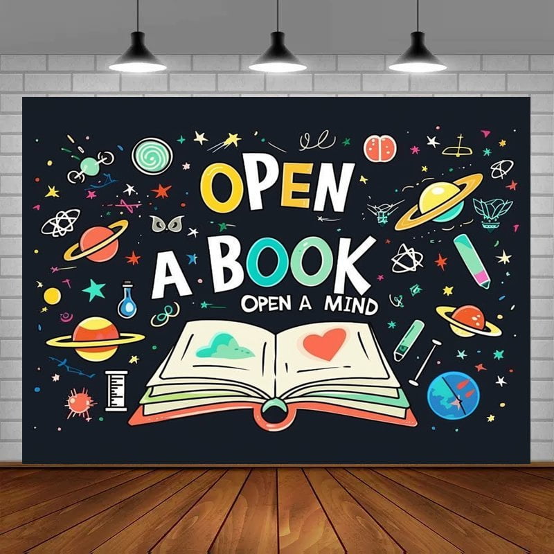 Polyester Educational Backdrop Banner - Motivational "Open a Book Open A Mind" Wall Decor ...