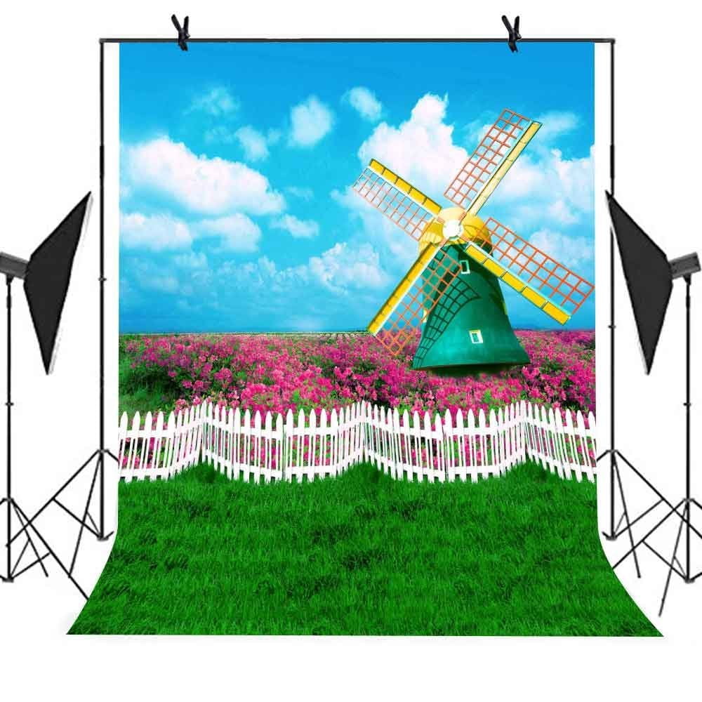 Polyester Fabric 5x7ft Cartoon Photography Backdrop Windmill Flowers ...