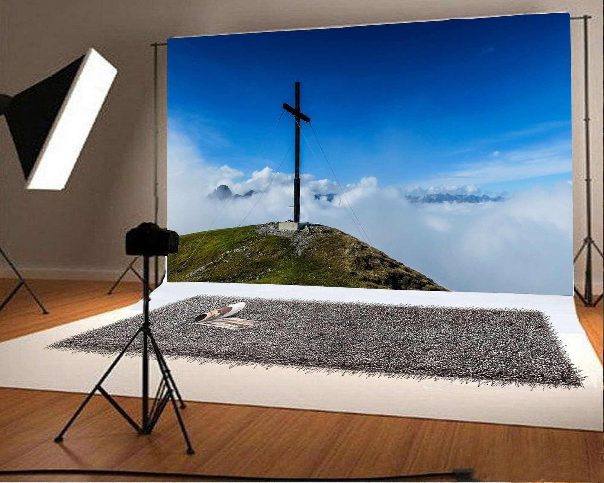 Polyester Fabric 7x5ft Photography Cross Backdrop Mountain Clouds Blue ...
