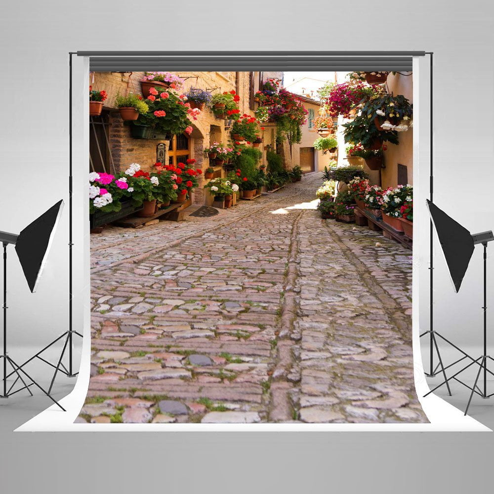 Polyester Fabric Blossom Alley Flower Stone Path Rocky Lane Garden ...