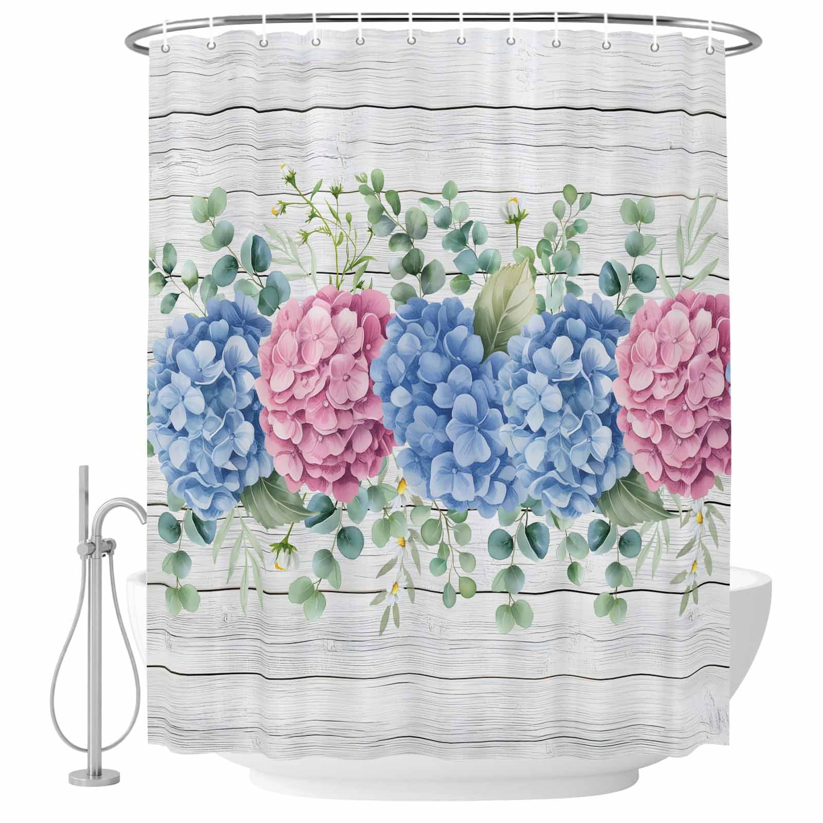 Polyester Fabric Blue Pink Hydrangea Shower Curtain, Eucalyptus Leaves ...