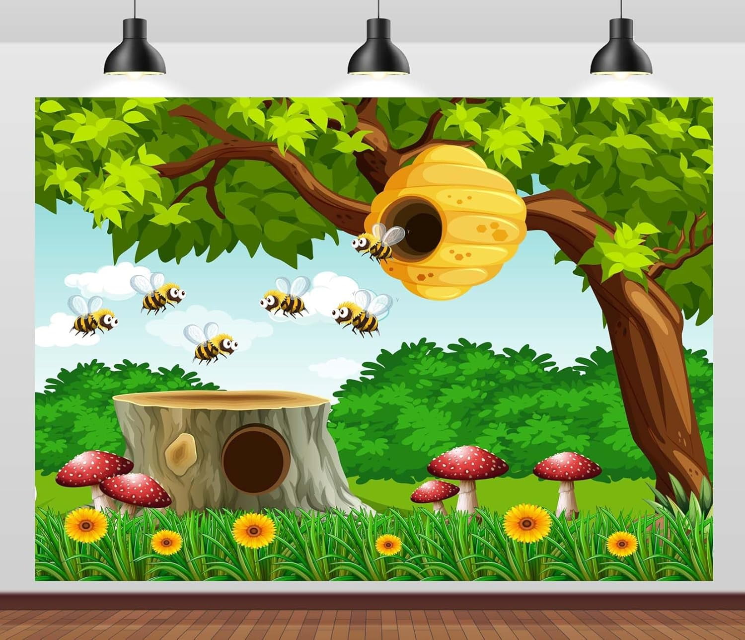 Polyester Fabric Cute Cartoon Bees Garden Forest Backdrop Honeycomb First Bee-Day Decor Bee ...