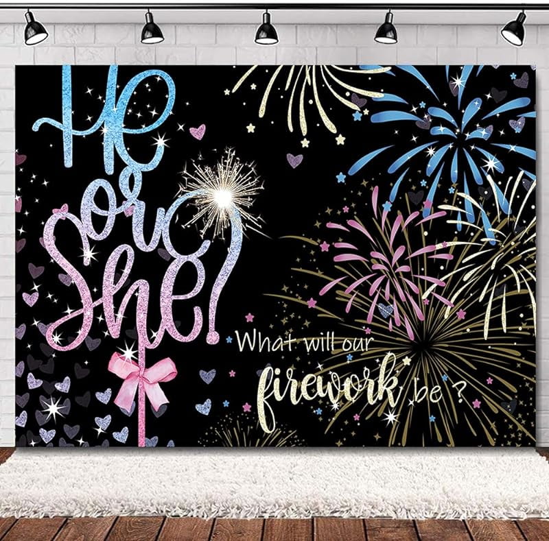Polyester Fabric Gender Reveal Backdrop He or She Baby Shower Fireworks ...