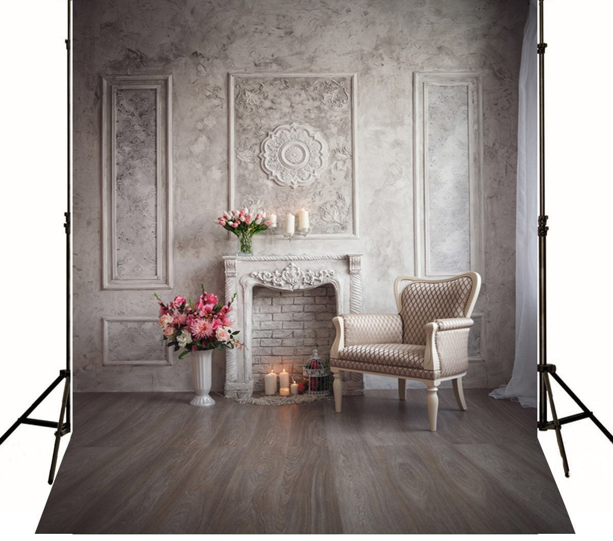 Polyester Fabric Photo Background Grey Wall Damask Floral Desk ...