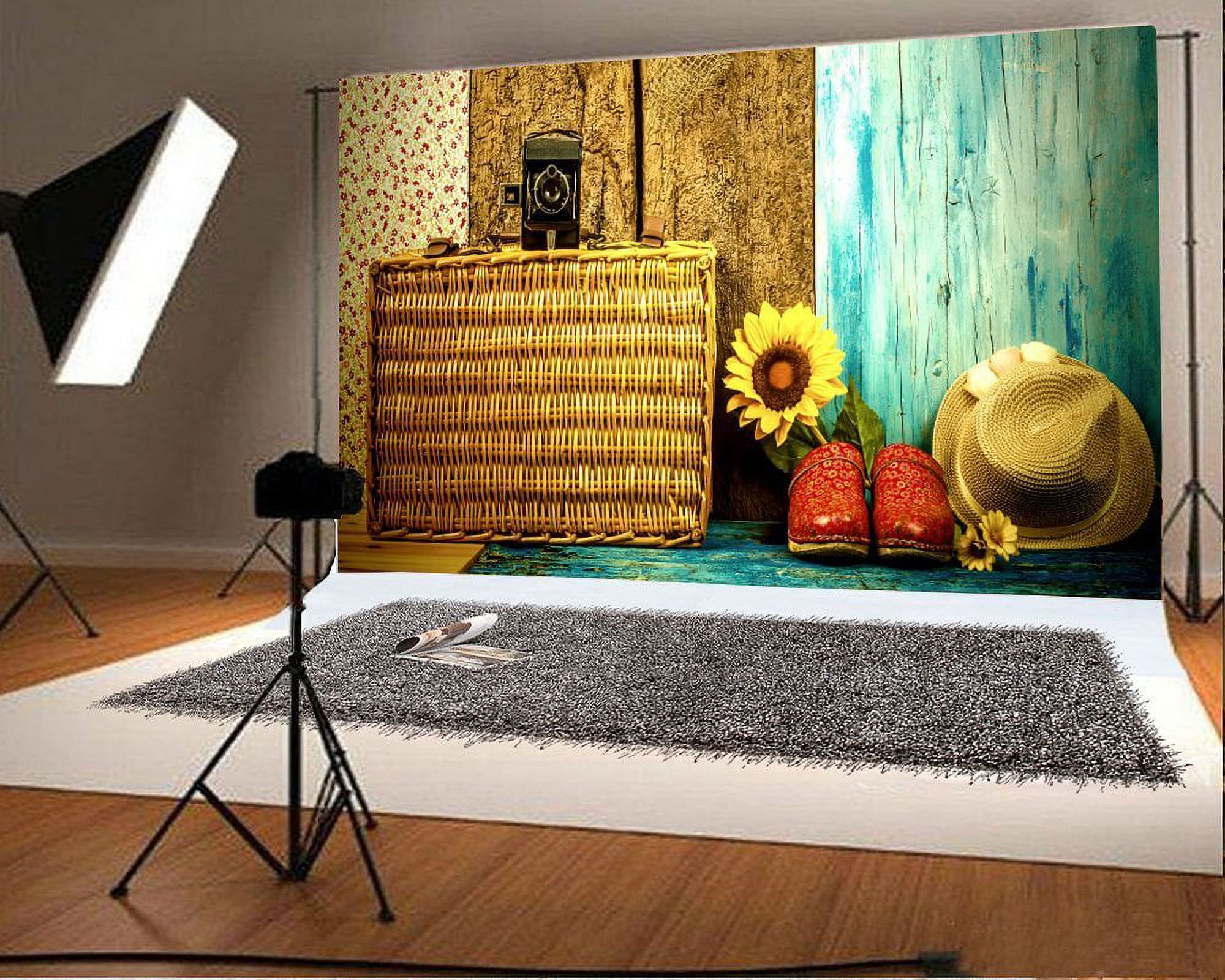 Polyester Fabric Photography Backdrop 7x5ft Basket Sunflower Hat Camera ...