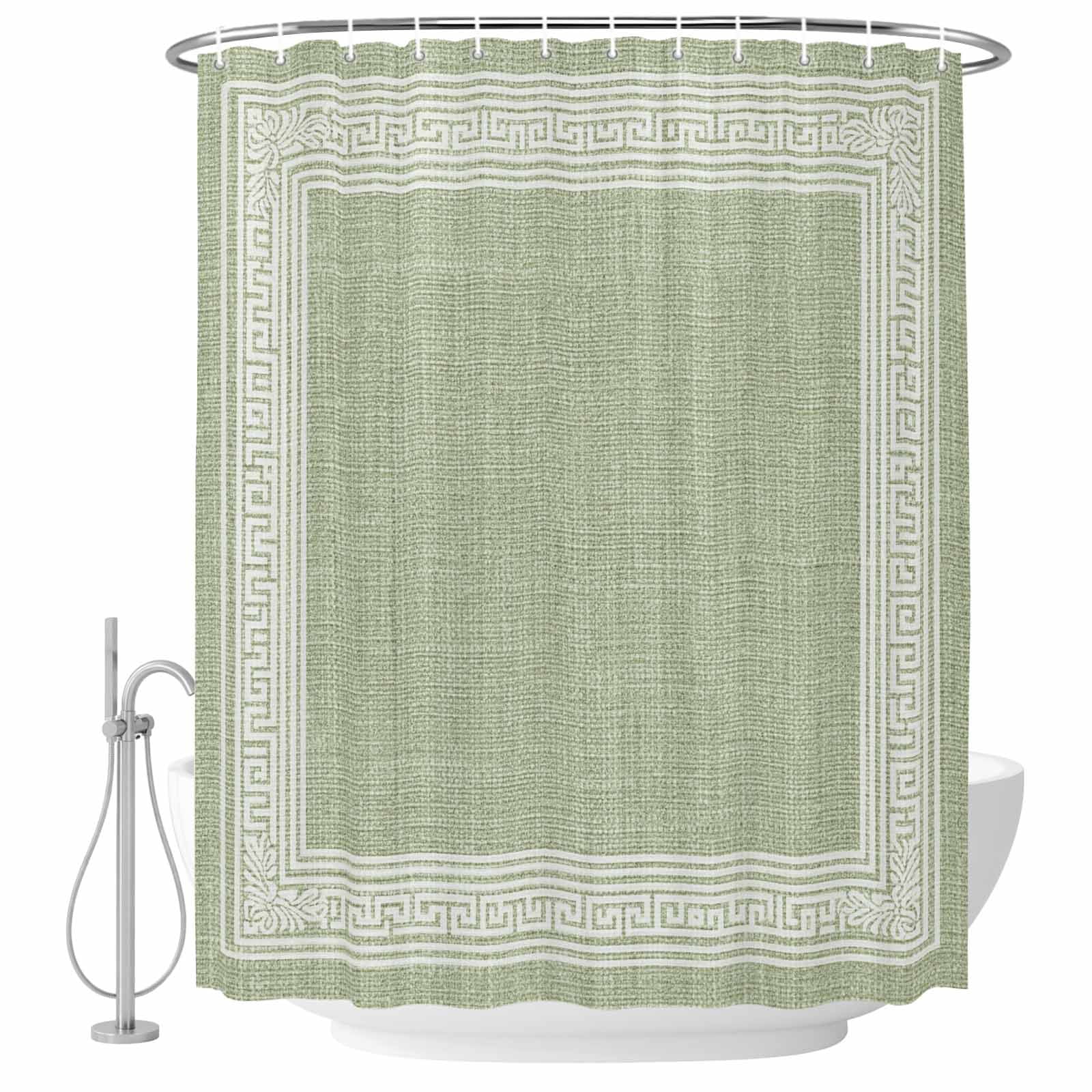 Polyester Fabric Sage Green Retro Greek Key Shower Curtain, Geometric ...
