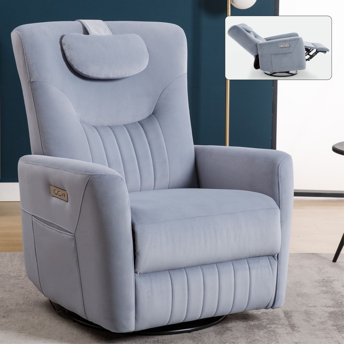 Polyester Fabric Swivel Chair with Adjustable Footrest, Blue Rocker ...