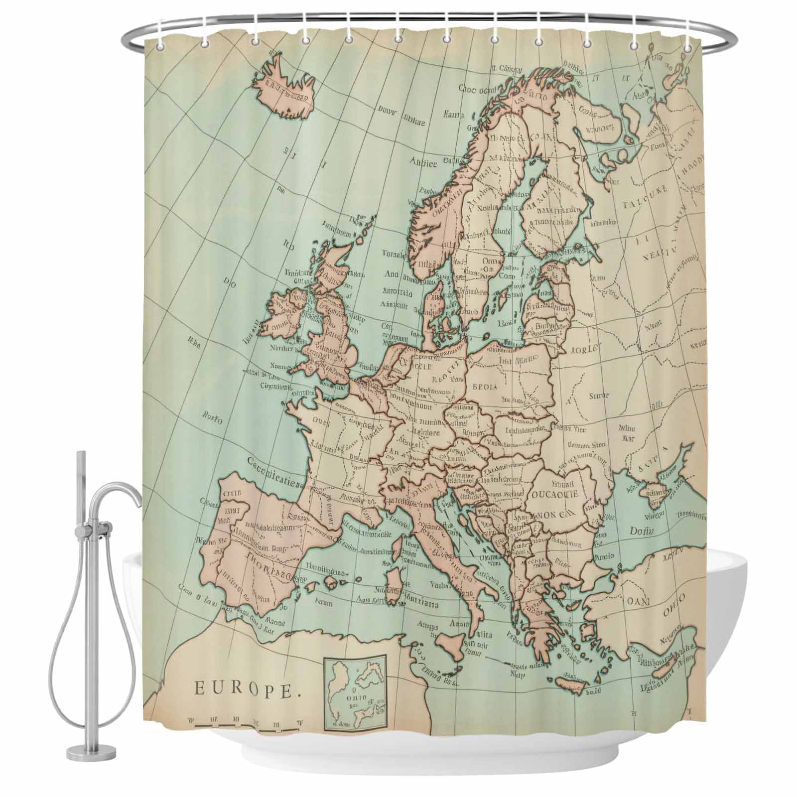 Polyester Fabric Vintage Map Shower Curtain, Western Retro Art Maps ...