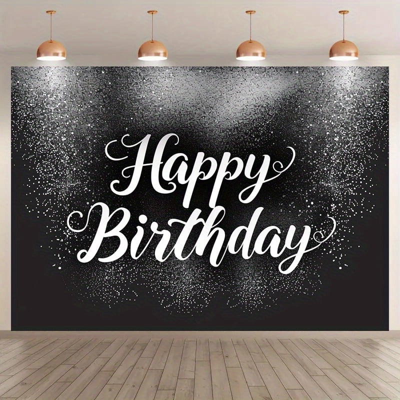 Polyester Happy Birthday Backdrop Banner -Elegant Black & Silver Design ...