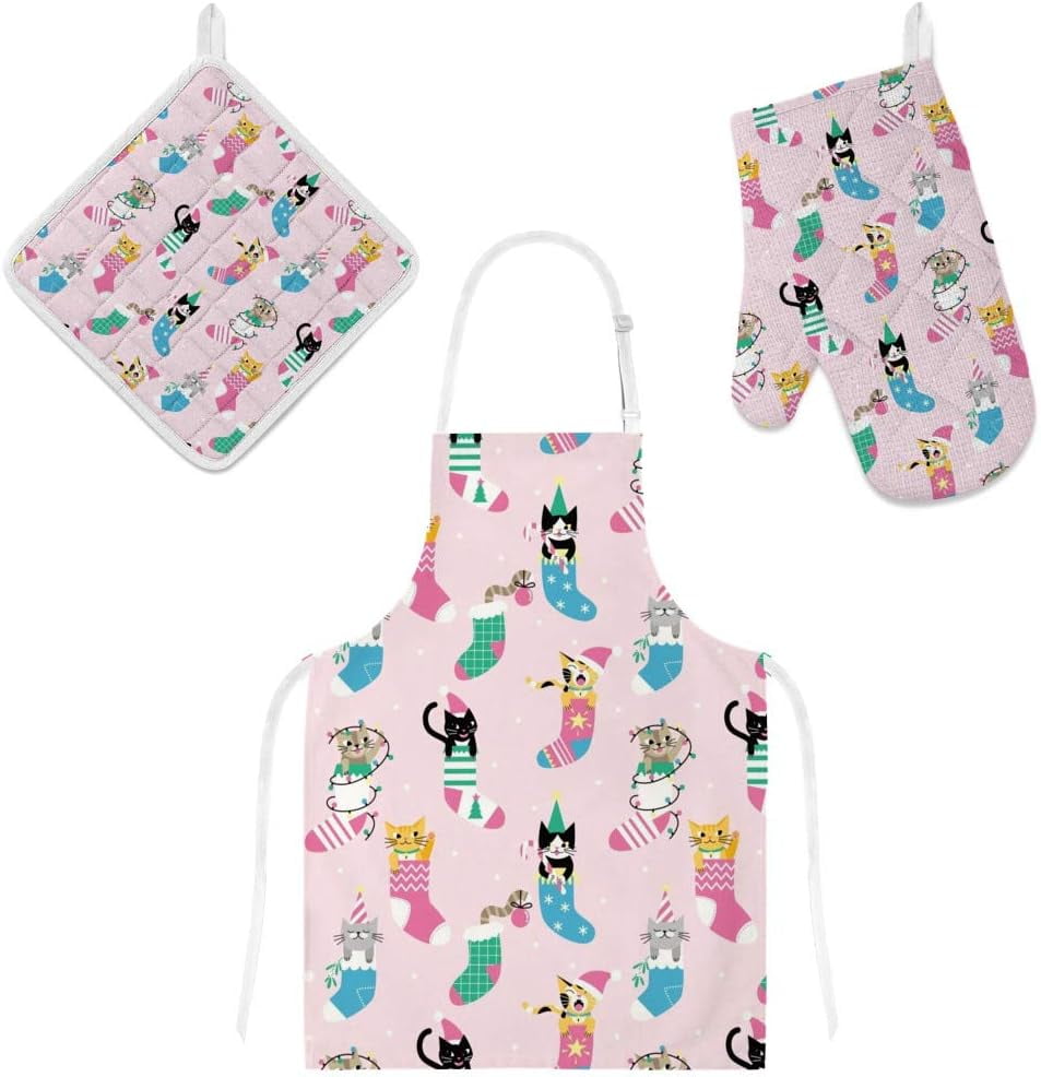 Polyester Insulation Kitchen Oven Mitts Potholder Apron 3Pcs Set Cute ...