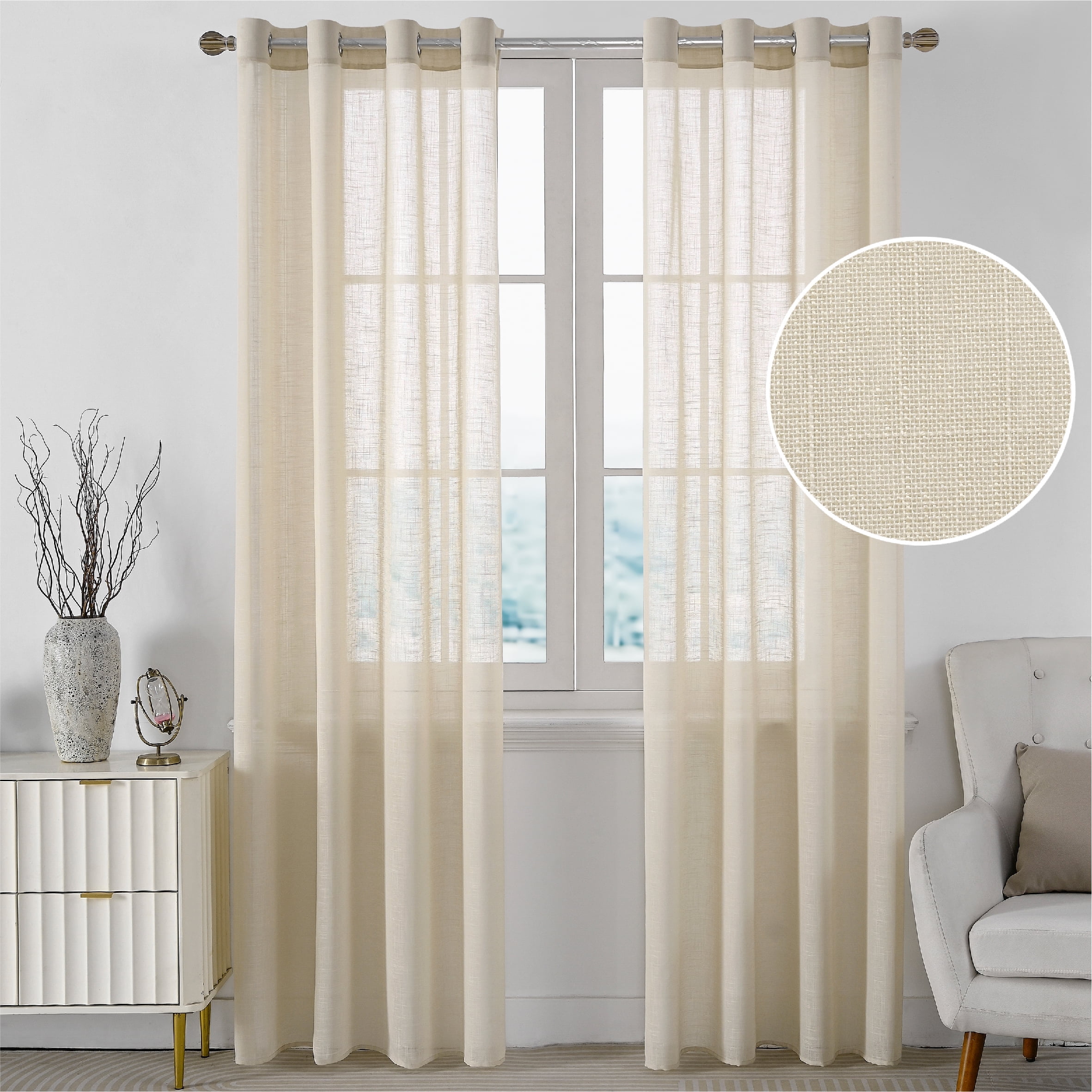 Polyester Linen Texture Semi-Sheer Grommet Lightweight Curtain Pair(Set ...