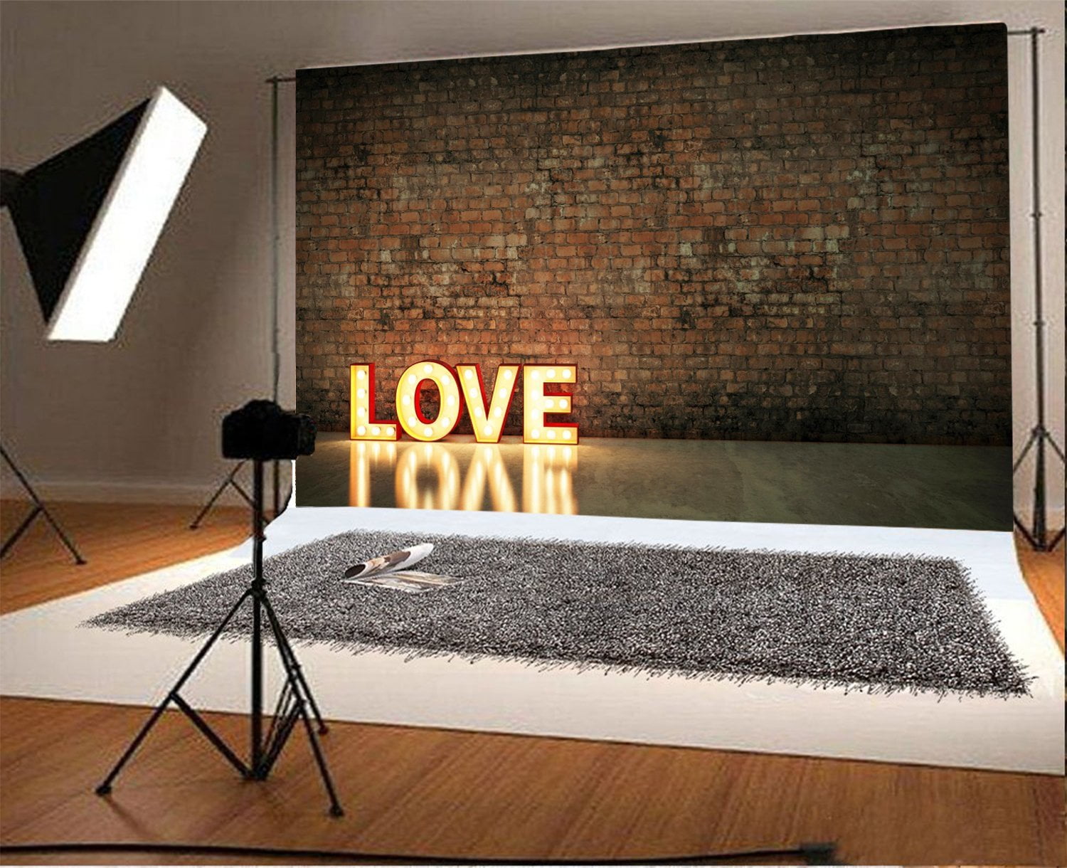 Polyester Love Backdrop 7x5ft Vintage Brick Wall Lights Valentine's Day ...