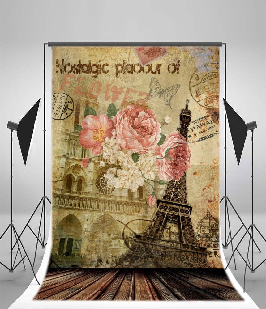 Polyester Retro Backdrop 5x7ft Eiffel Tower Vintage Buildings Flowers ...