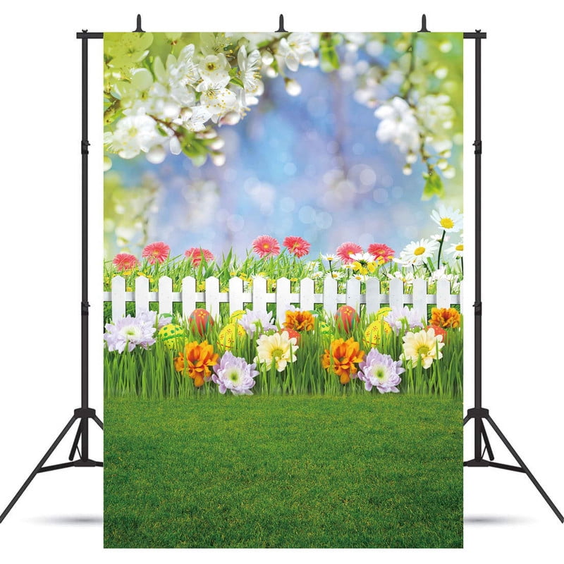 Polyester Spring Backdrop Colorful Floral Flowers Green Grass Fence ...