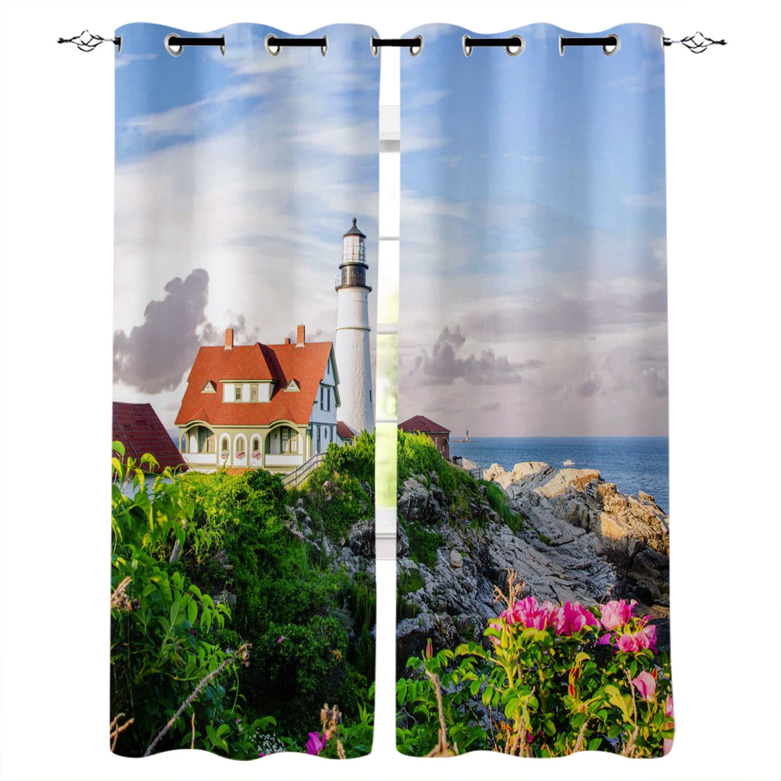 Polyester Translucent Curtains Sea Beach Lighthouse Pattern Luxury For ...