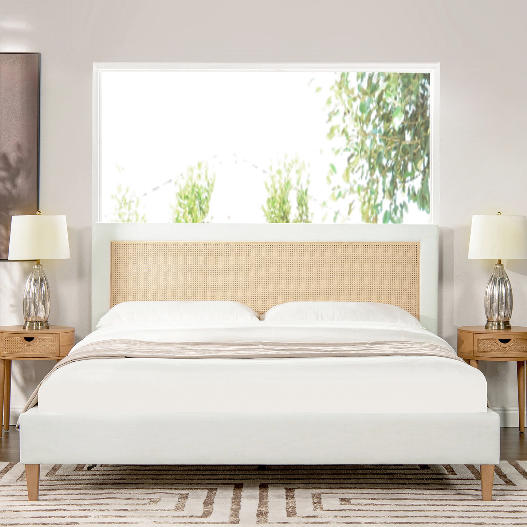 Polyester Upholstered King Bed | Resin Wicker, Solid Wood Legs for ...