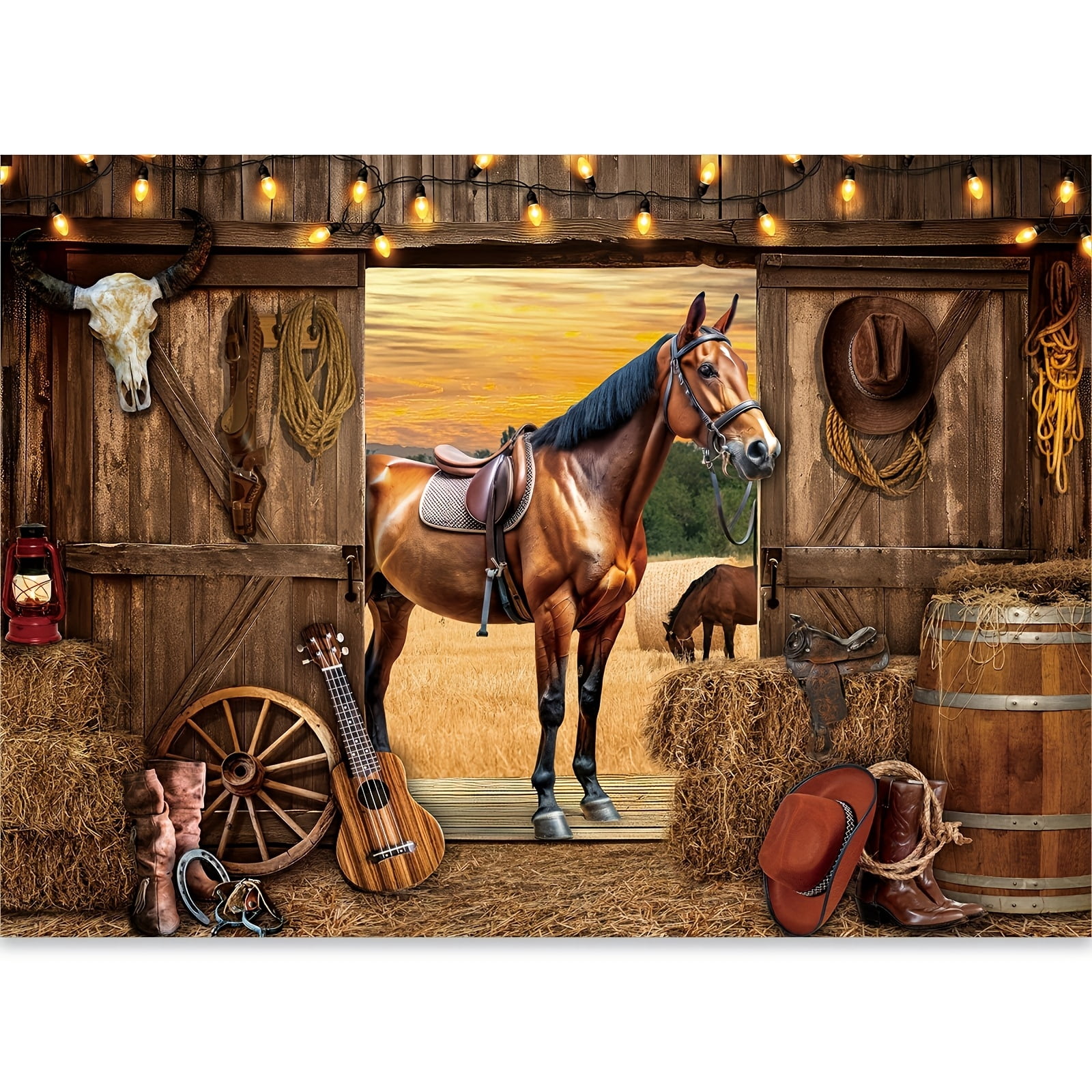 Polyester-Western Cowboy Background Banner Wild West Stable Country ...