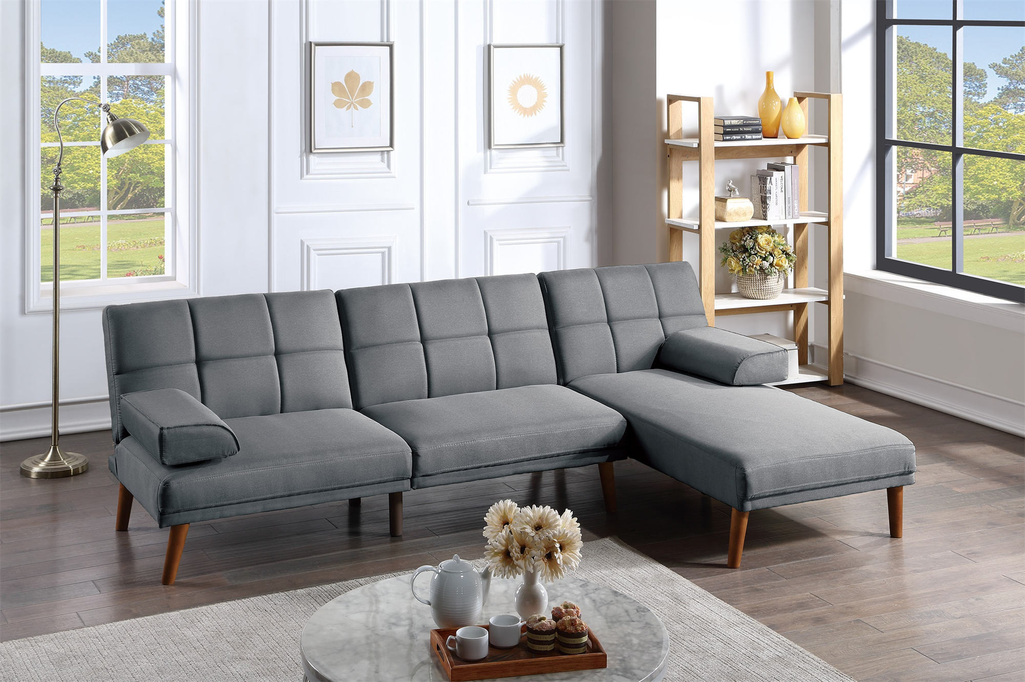 Polyfiber Sectional Sofa Couch, Modern Linen Fabric L-Shaped Couch with ...