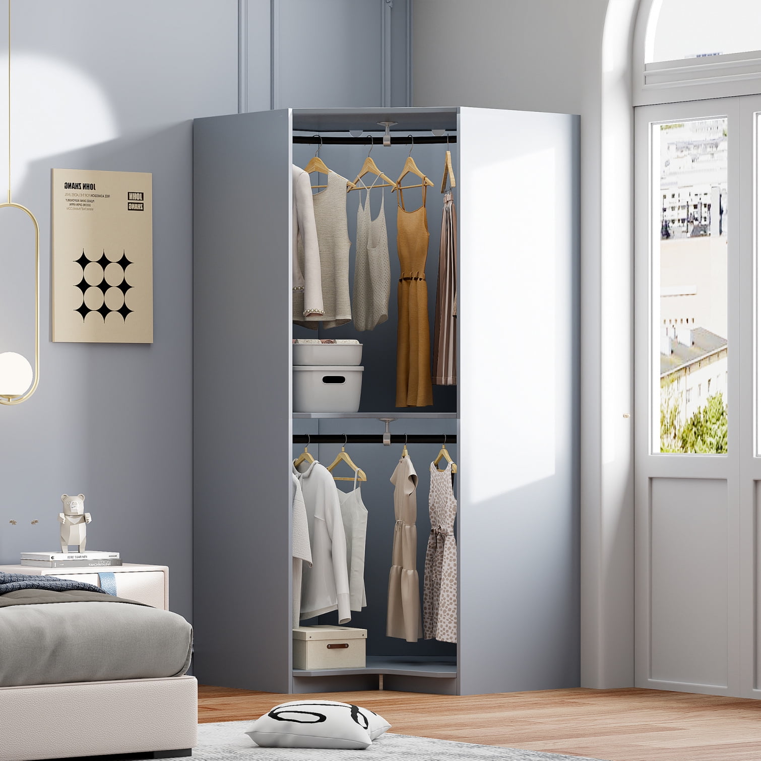 Polygon Corner Wardrobe with Two Practical Shelves,Dedicated Hanging ...