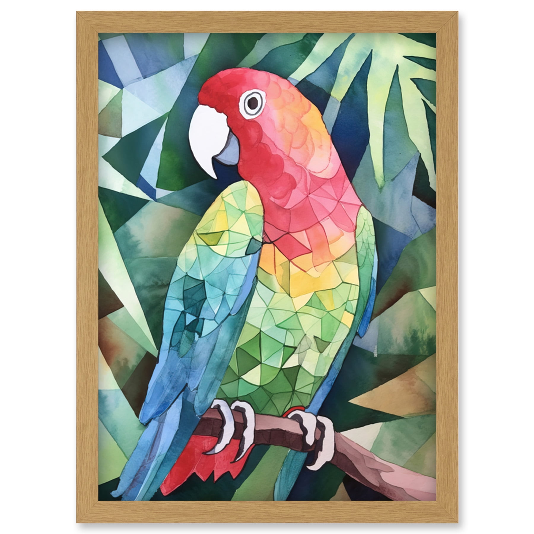 Polygon Parrot Bird On Tree Branch Watercolour Painting Artwork Framed ...