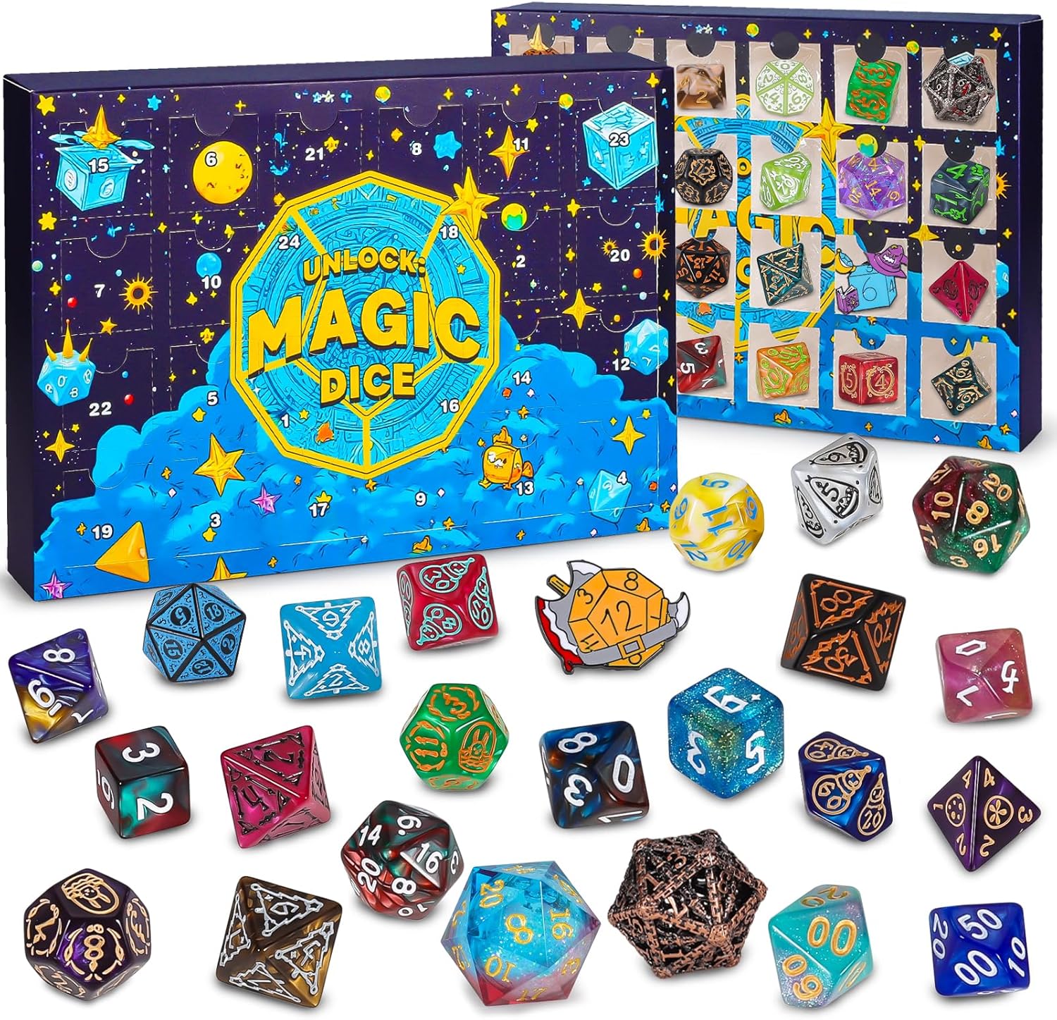 Polyhedral Dice - 24 Pcs Mystery Dice Box, 24-Hole Advent Calendar Dice ...