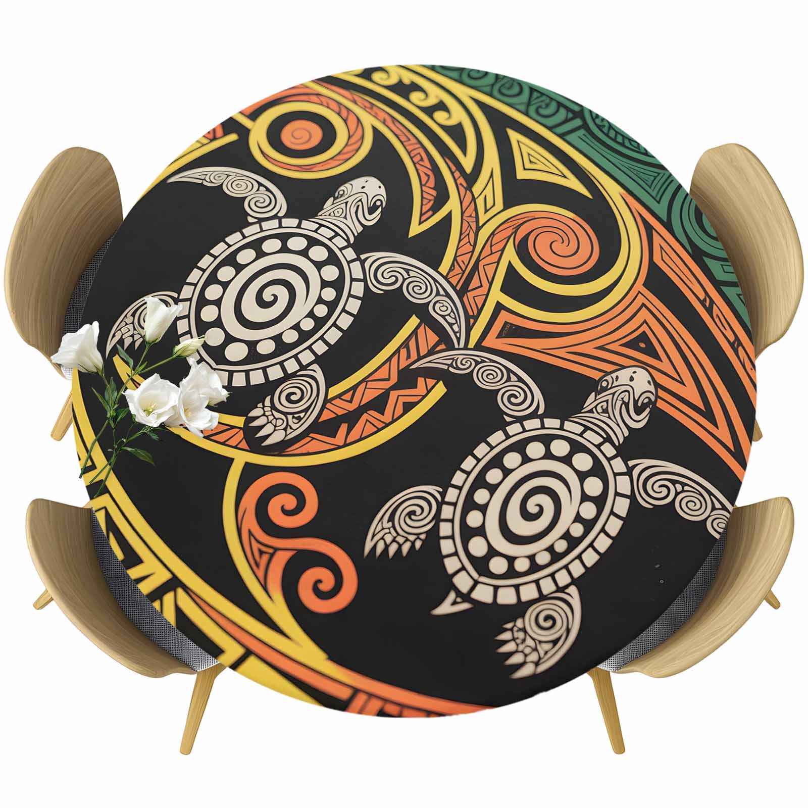 Polynesia Texture Round Tablecloth, Fitted Table Cover with Elastic for ...