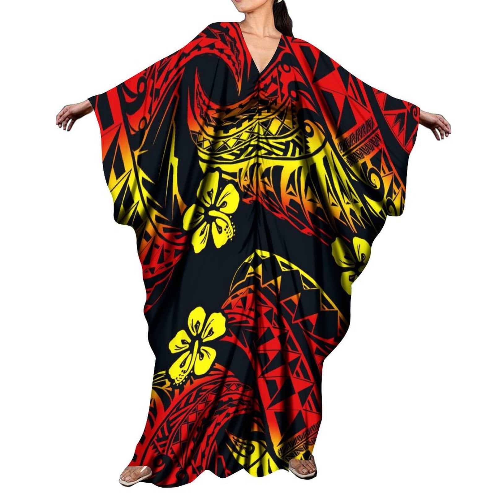 Polynesian Dress Fall Lace Up Cape Dress With Butterfly Sleeves Custom Vintage Art Print Maxi