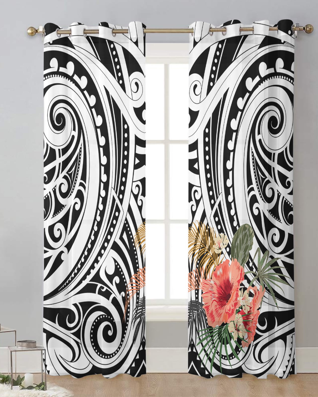 Polynesian Ethnic Texture Blue Sheer Curtains For Living Room Window ...