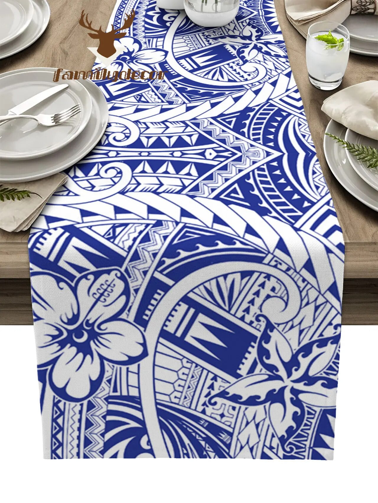 Polynesian Ethnic Texture Blue Table Runner Home Wedding Table Flag Mat ...