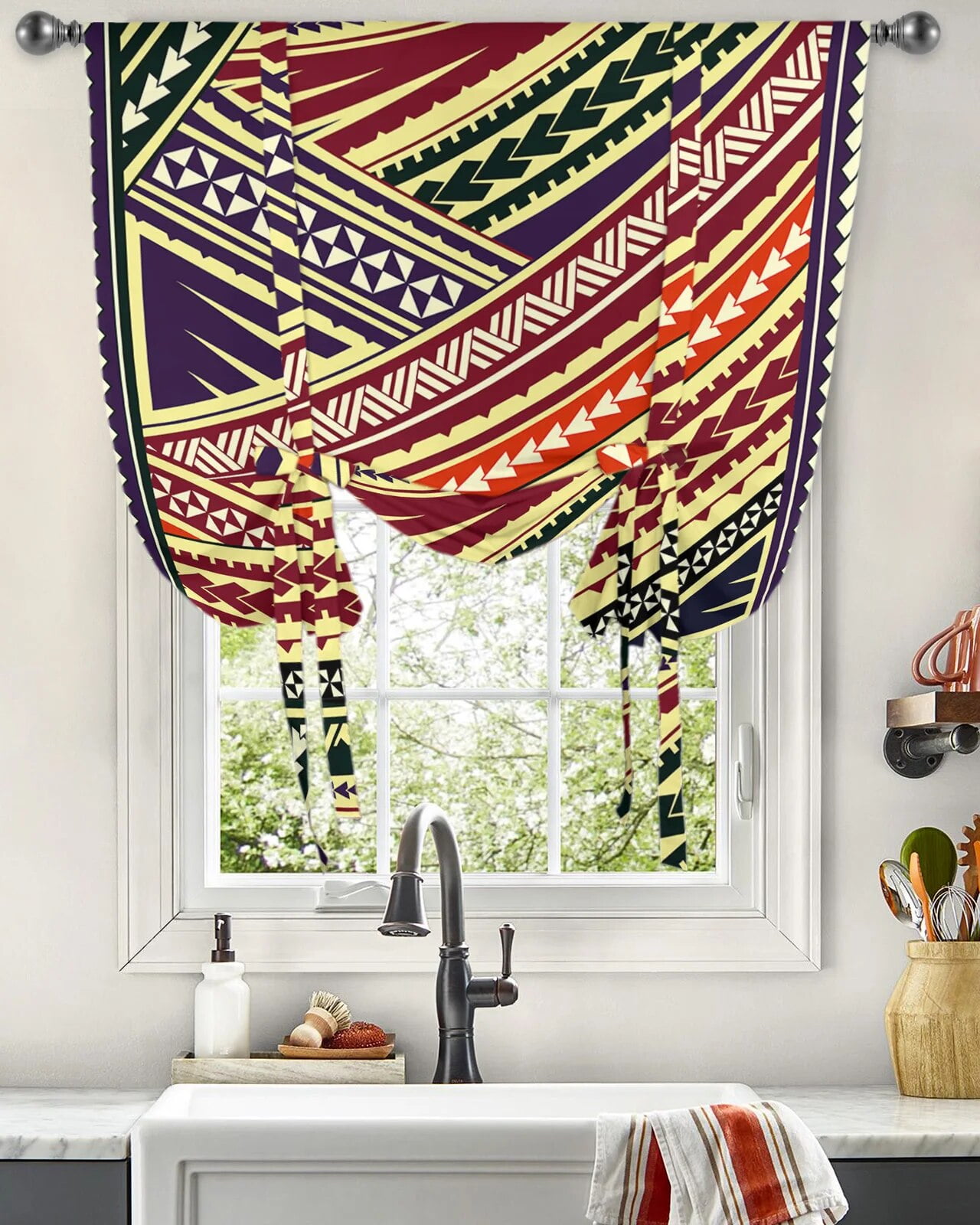 Polynesian Ethnic Texture Window Curtain Tie Up Curtains for Kitchen ...