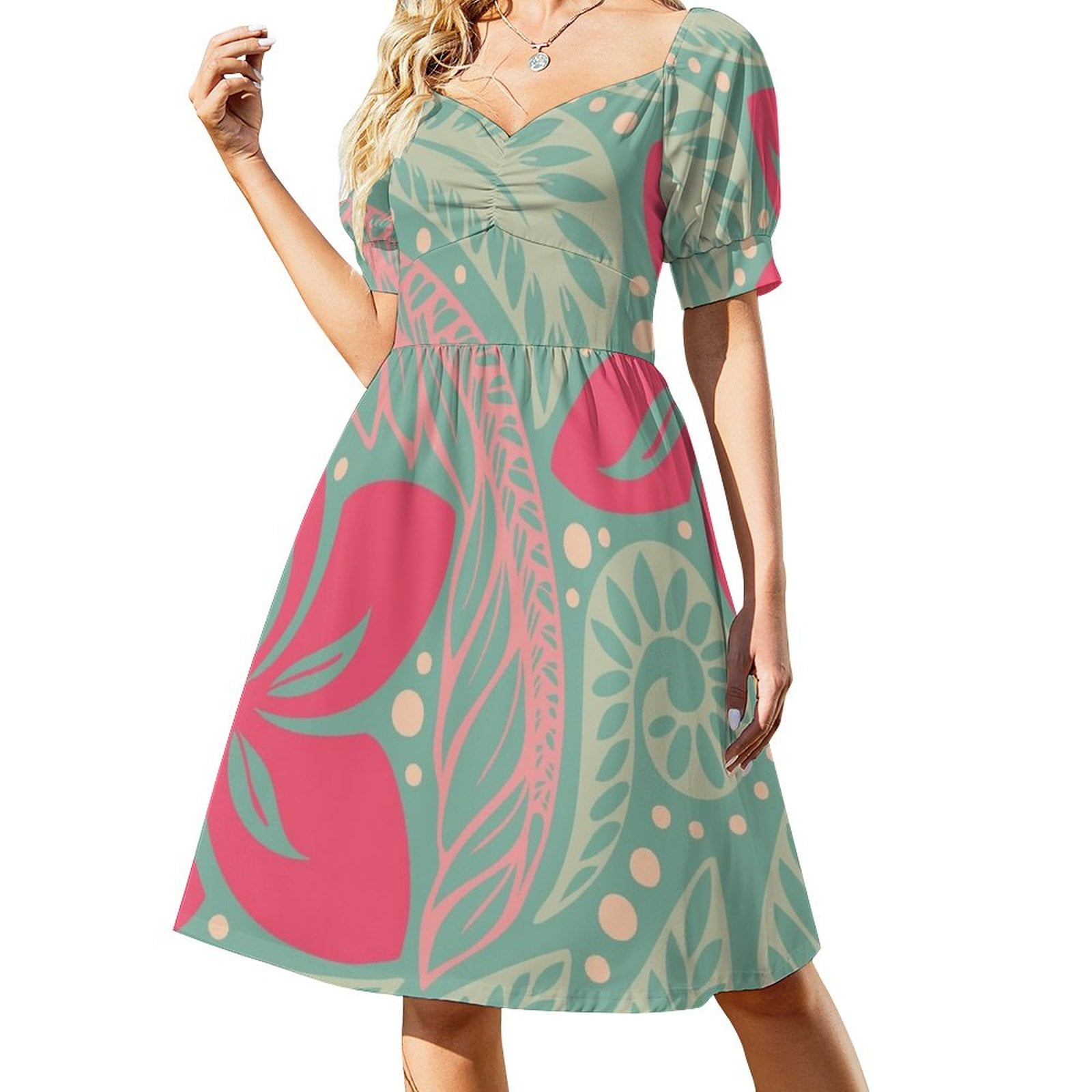Polynesian Hawaiian green pink floral tattoo design Sleeveless Dress ...