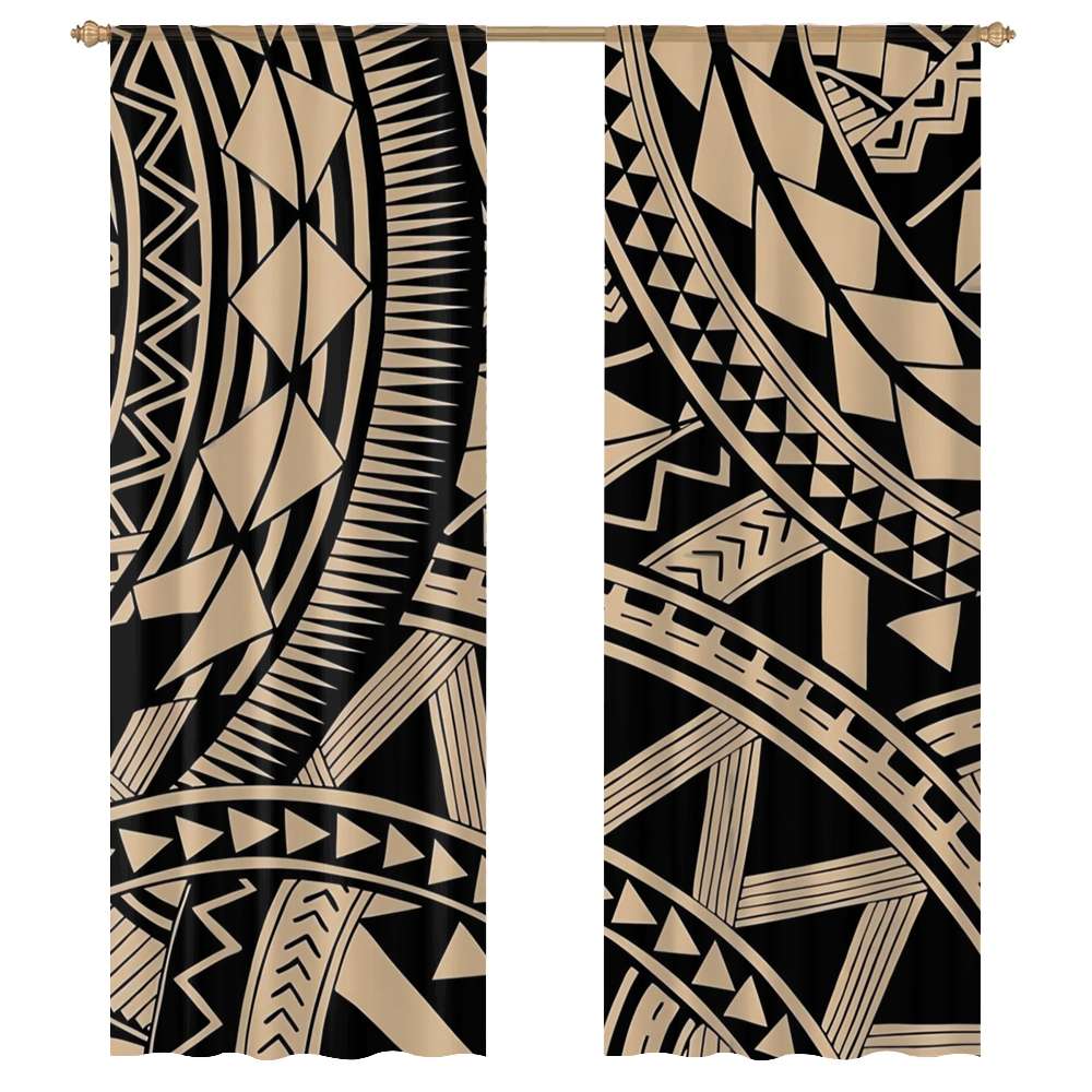 Polynesian Samoan Tattoo Black Tan Design Sheer Voile Curtain Window ...